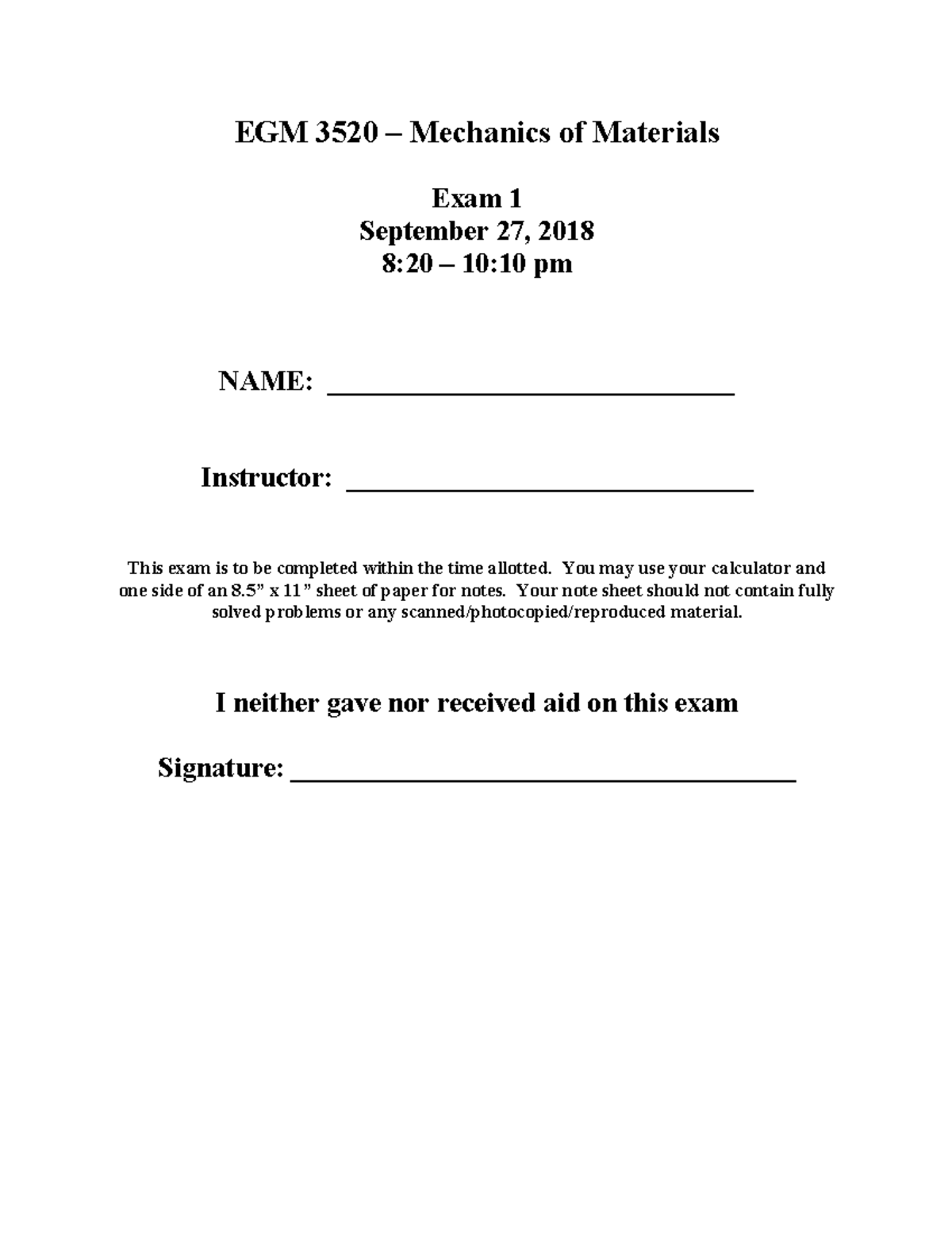 EGM3520 F18 Exam1 practice - EGM 3520 – Mechanics of Materials Exam 1 ...