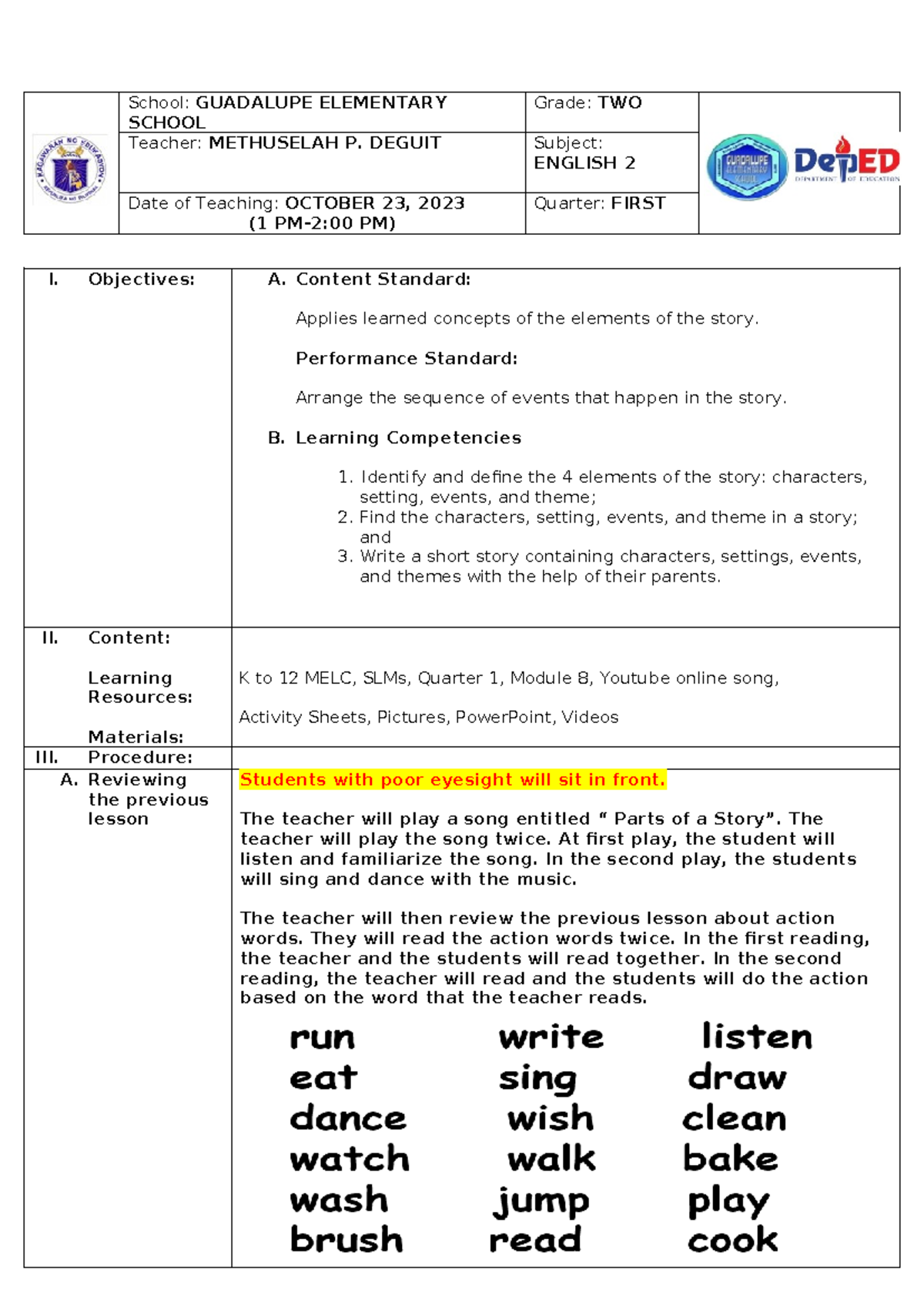 Lesson PLAN IN English - School: GUADALUPE ELEMENTARY SCHOOL Grade: TWO ...