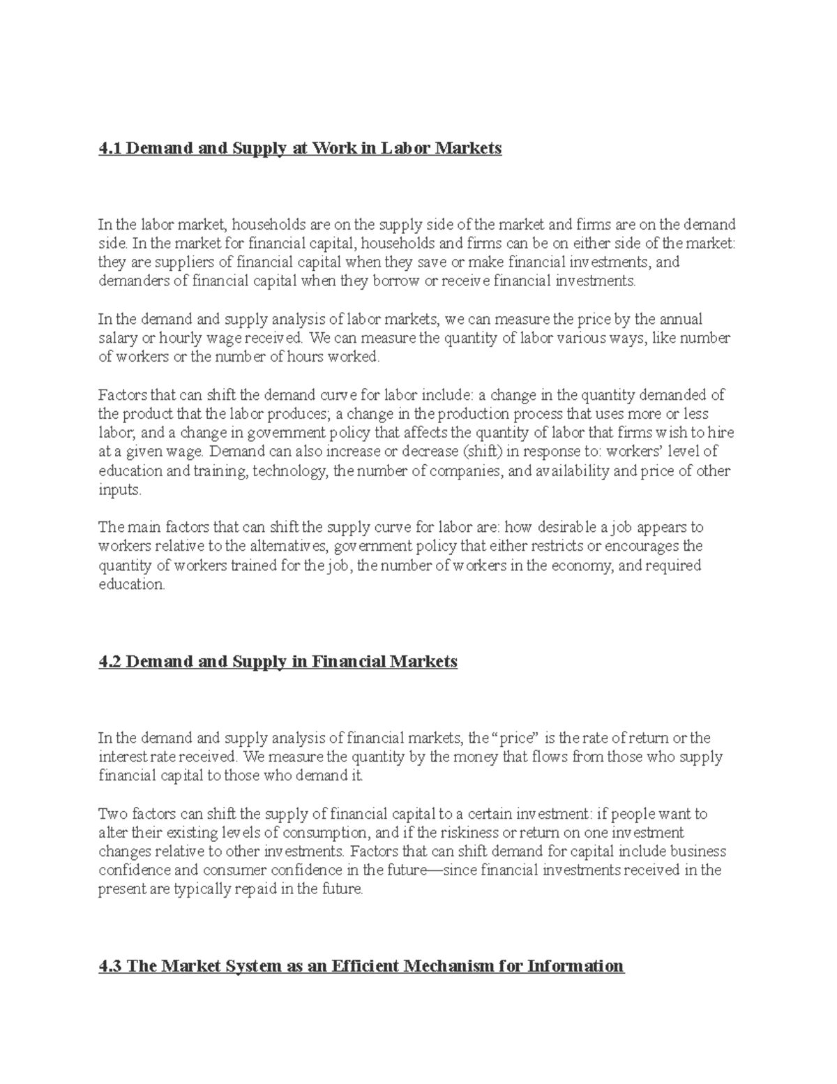 Chapter 4 summary - 4 Demand and Supply at Work in Labor Markets In the ...