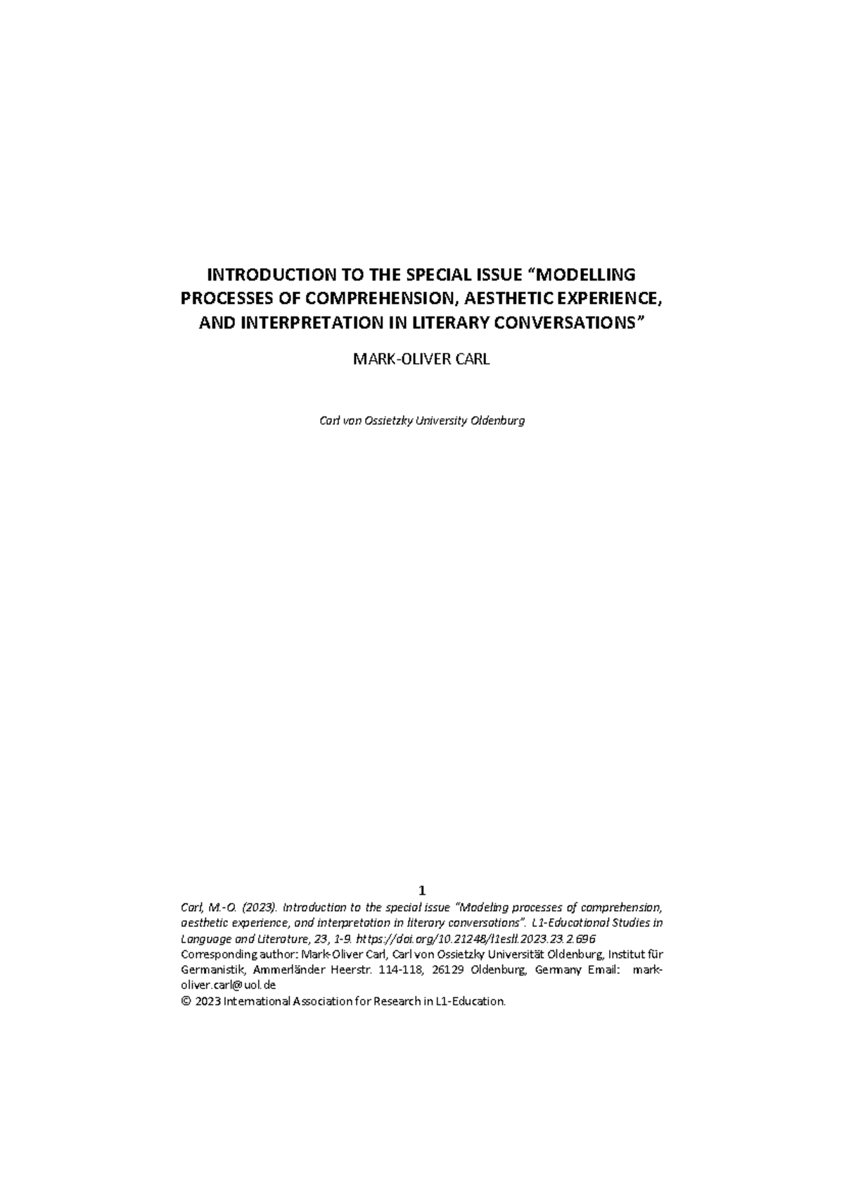 Carl Introduction to L1 Special Issue Literary Conversations - 1 Carl ...