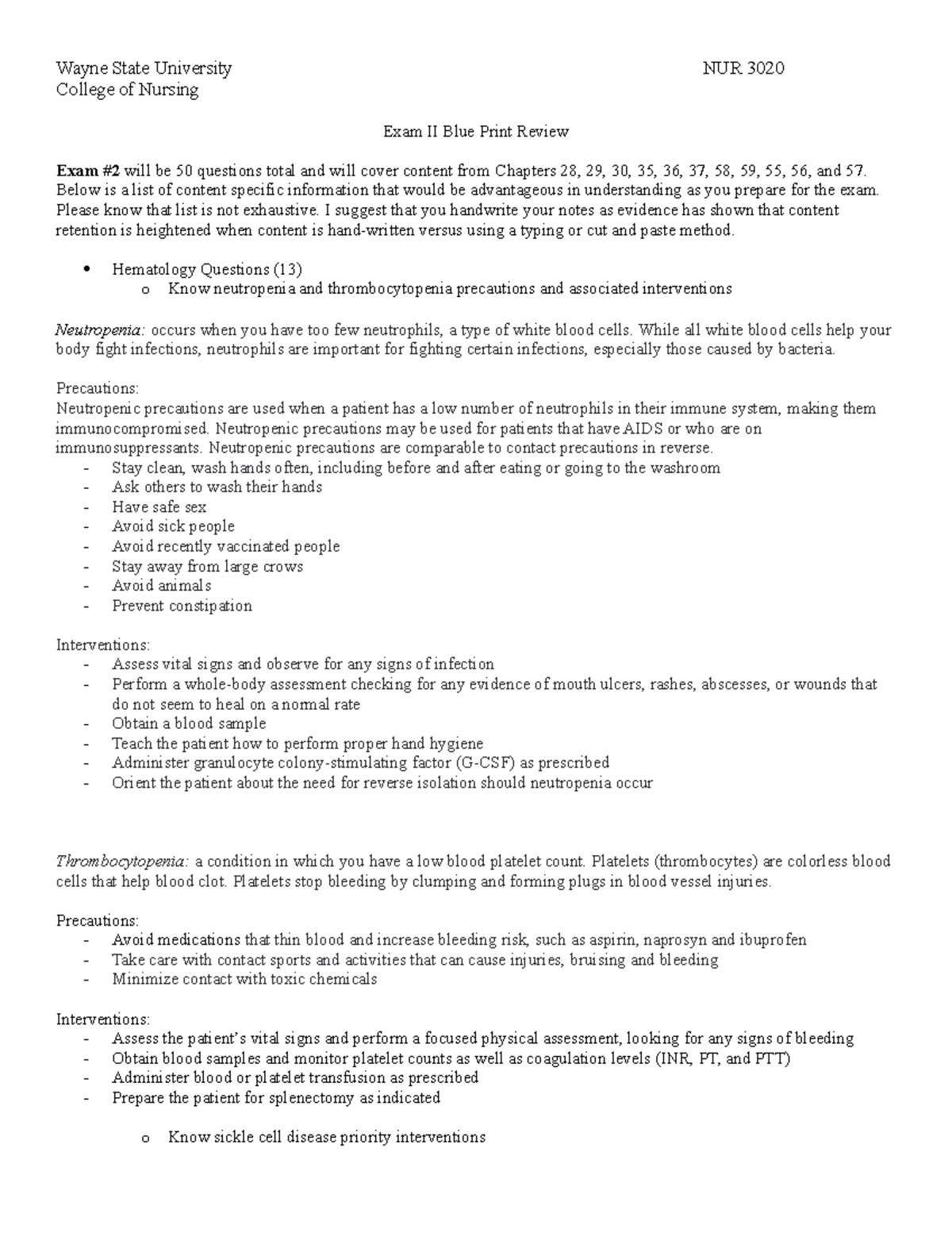 Exam #2 Blueprint - study guide - College of Nursing Exam II Blue Print ...