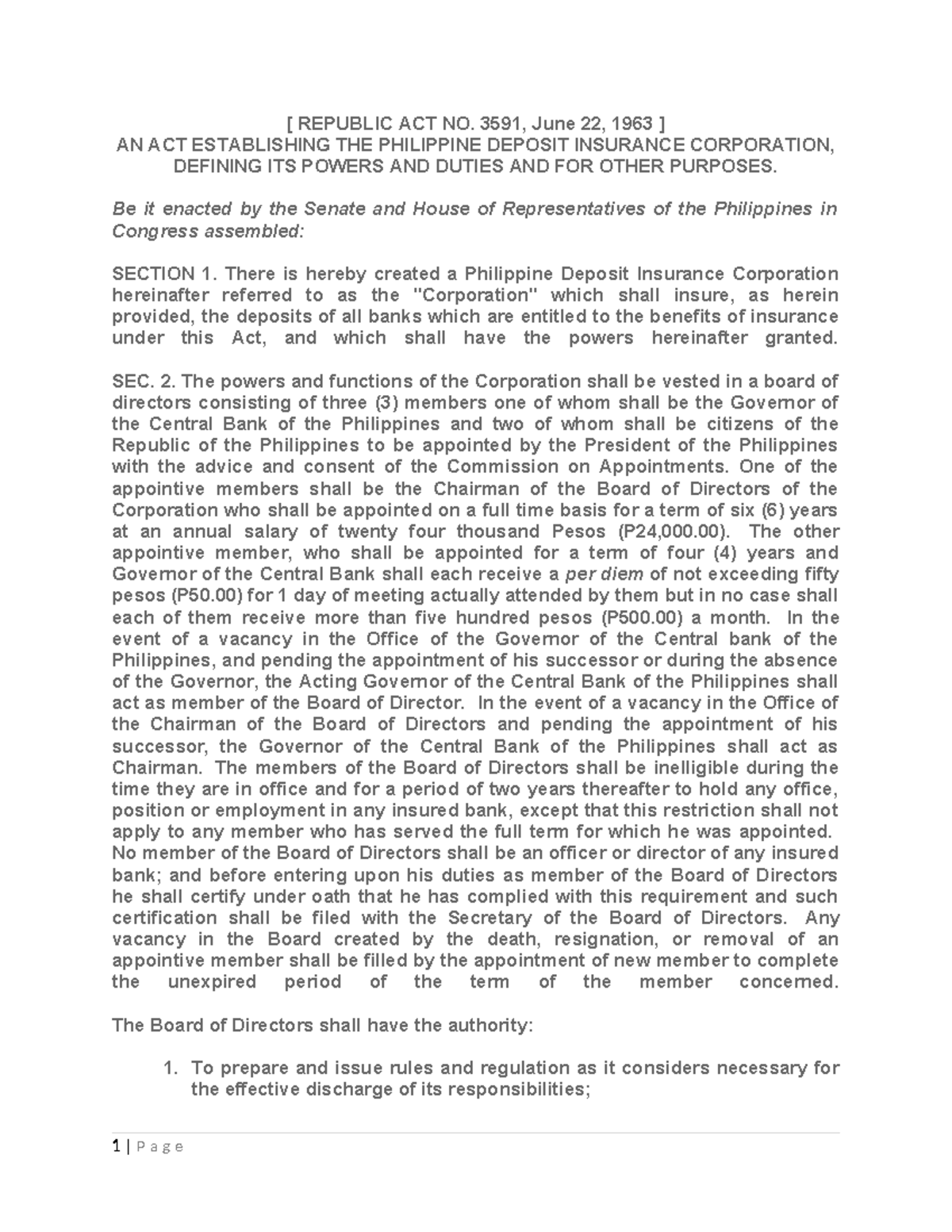 PDIC Republic Act No - notes - [ REPUBLIC ACT NO. 3591, June 22, 1963 ...