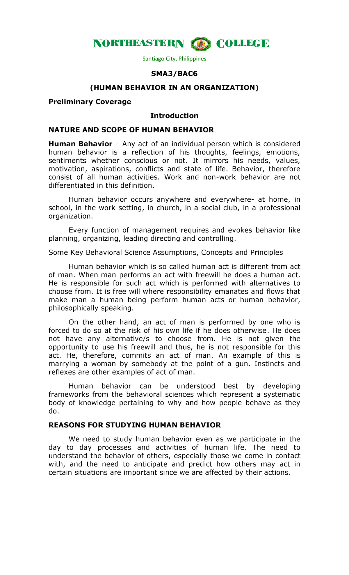 SMA 3 Human Behavior Prelim - Santiago City, Philippines SMA3/BAC ...