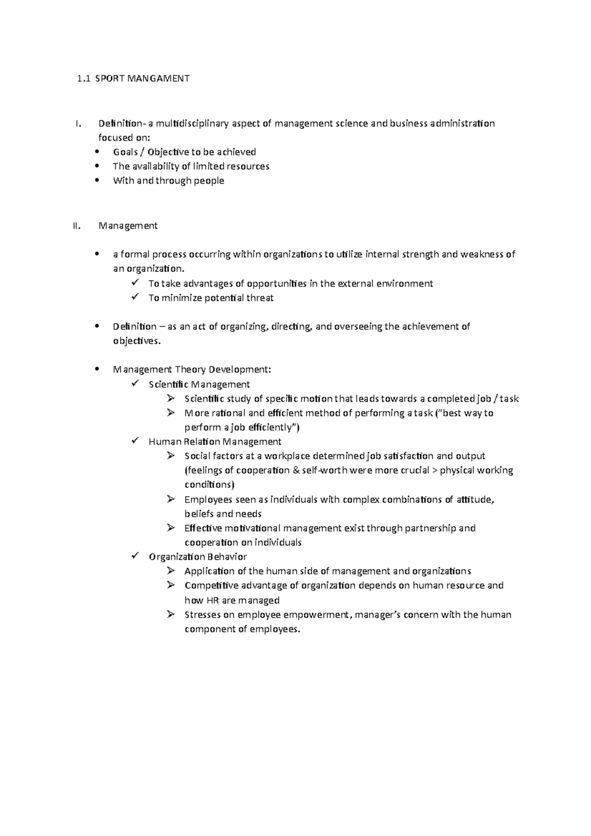 Sport Management 1 - 1 SPORT MANGAMENT I. Definition- a ...