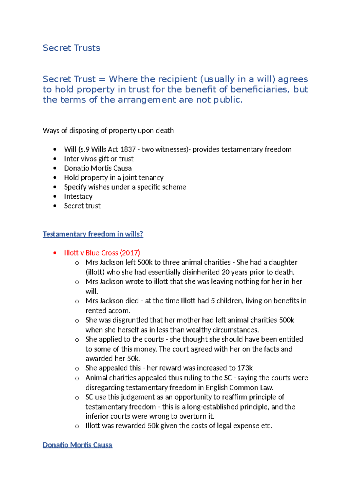 Equity - Secret Trusts - Notes - Secret Trusts Secret Trust = Where the ...