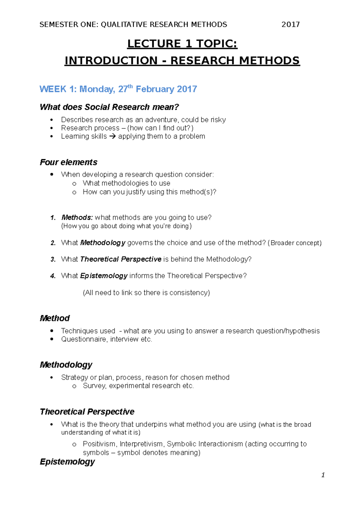 QUAL Lecture Notes - LECTURE 1 TOPIC: INTRODUCTION - RESEARCH METHODS ...