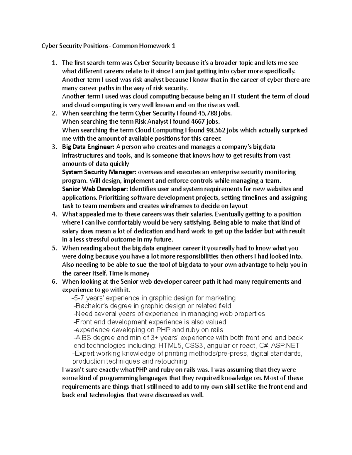 Cyber Sec. Positions CHW1 - Cyber Security Positions- Common Homework 1 ...