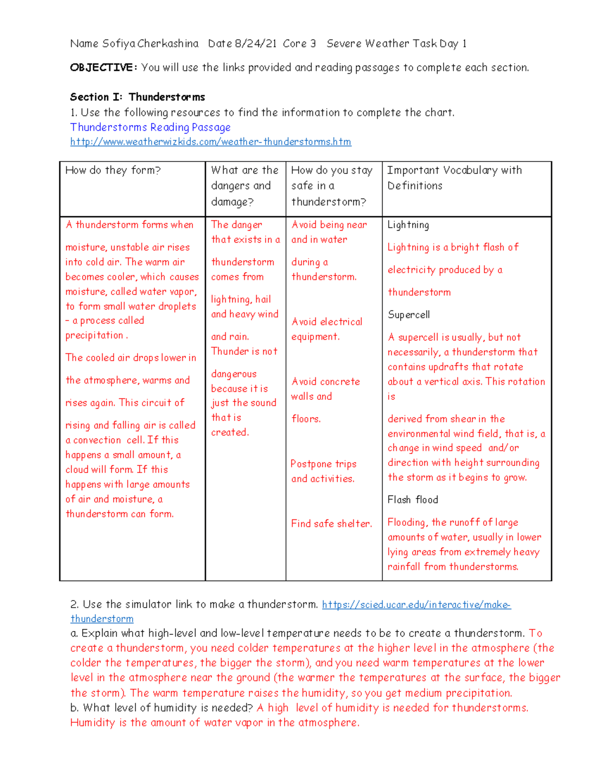 Severe Weather Task Day 1 - Section I: Thunderstorms 1. Use the ...