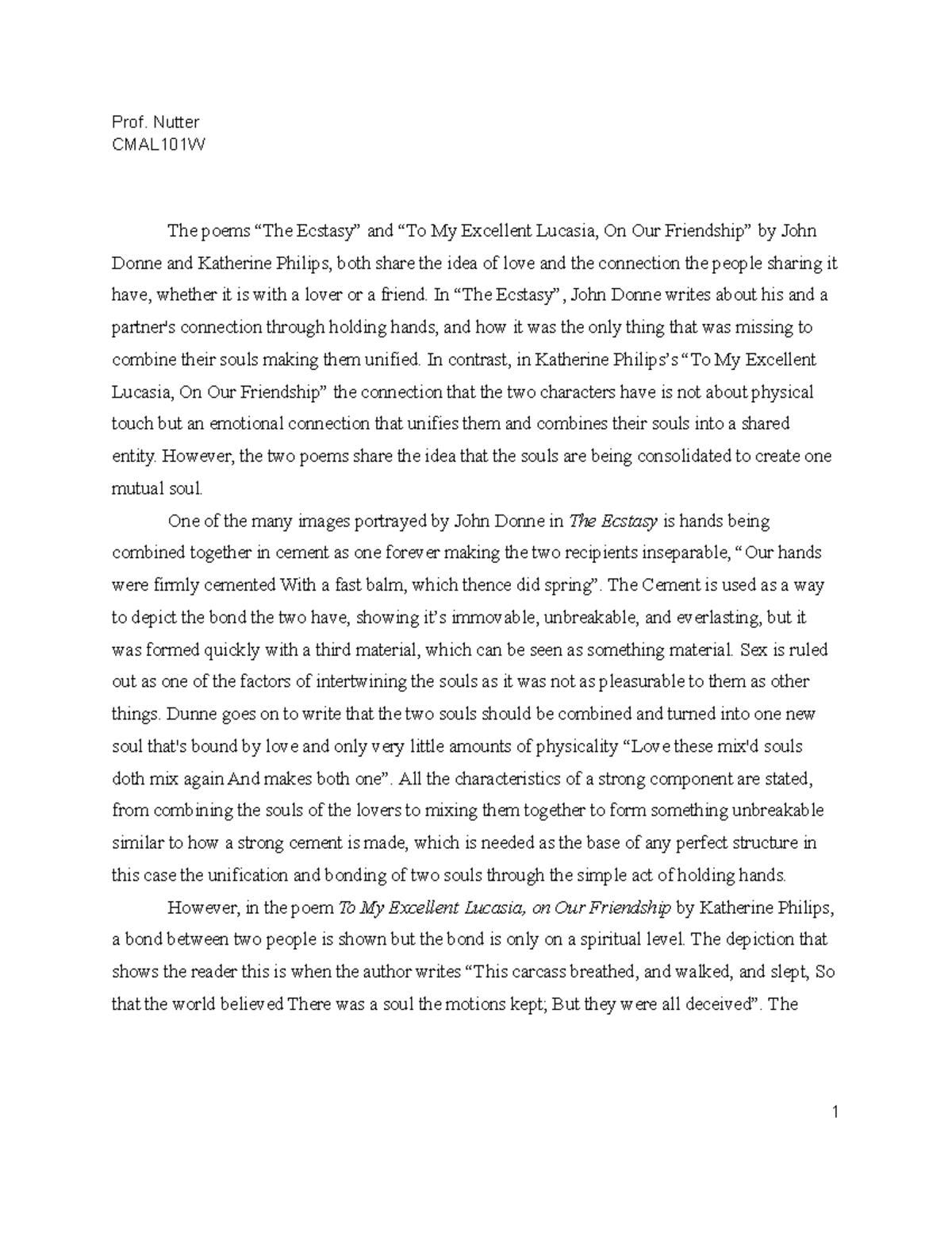 Cmal paper 1 - Prof. Nutter CMAL101W The poems “The Ecstasy” and “To My ...