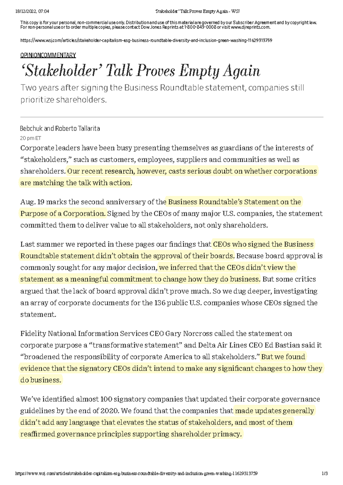 ‘Stakeholder’ Talk Proves Empty Again - WSJ - 18/12/2022, 07:04 ...