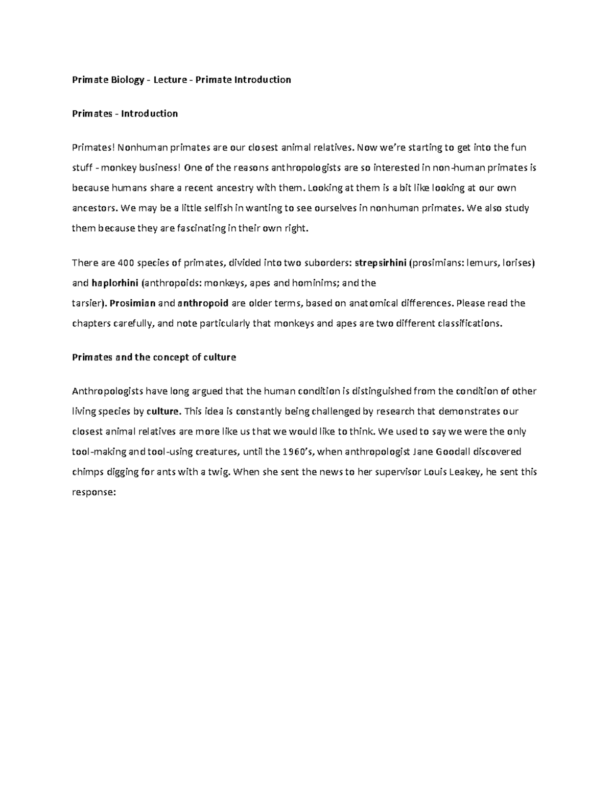 Biological Anthropology - Primate Introduction - Primate Biology ...