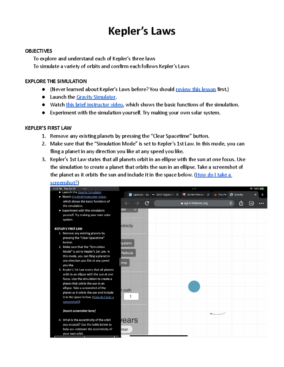 Copy of Kepler's Laws - LAb assignment - Kepler’s Laws OBJECTIVES To ...
