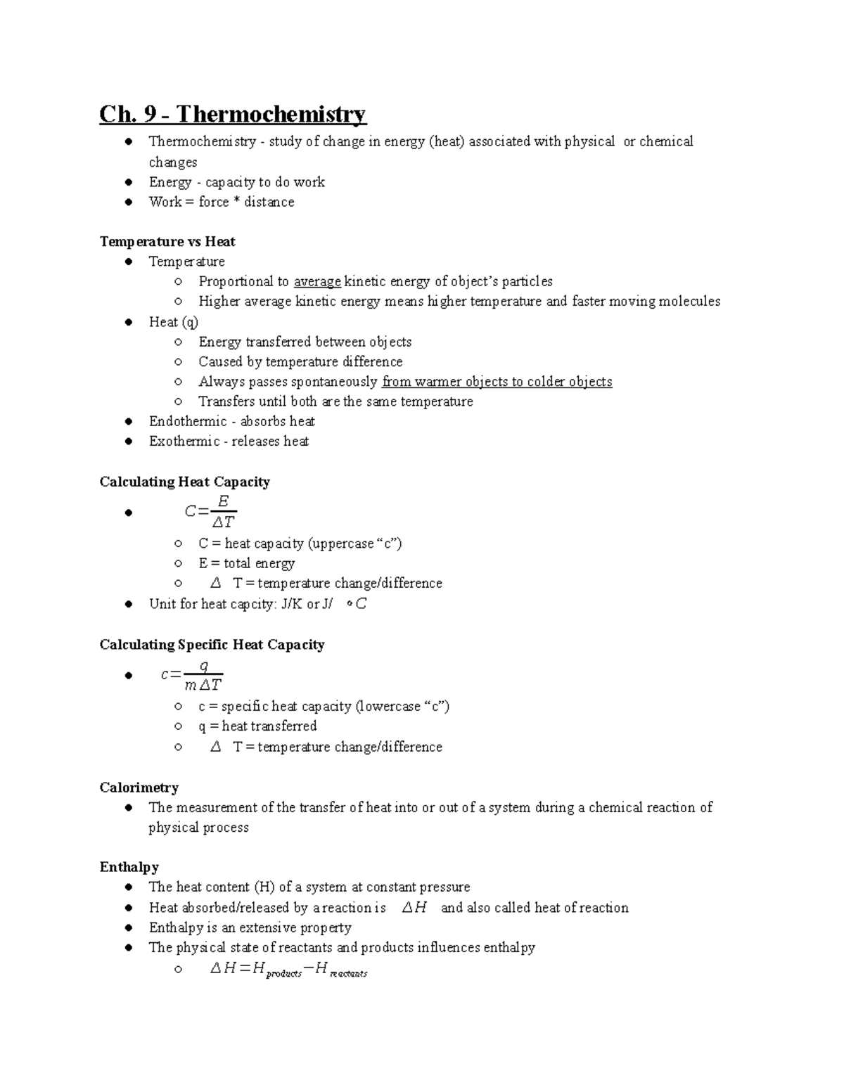 1212 Lecture Notes - Ch. 9 - Thermochemistry Thermochemistry - study of ...
