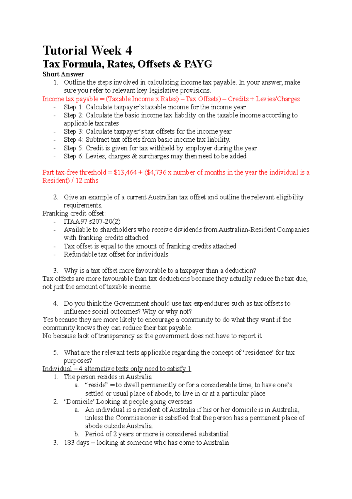 Tutorial 3 - Tutorial Week 4 Tax Formula, Rates, Offsets & PAYG Short ...