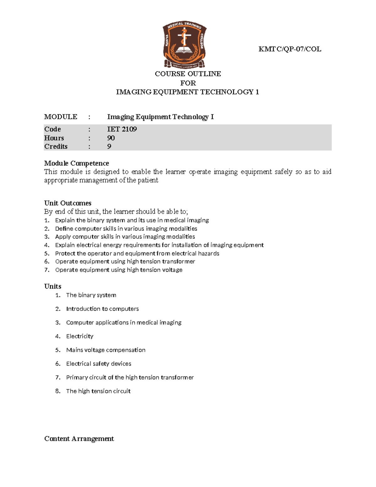Course outline IET I - Requires a change in attitude - KMTC/QP-07/COL ...