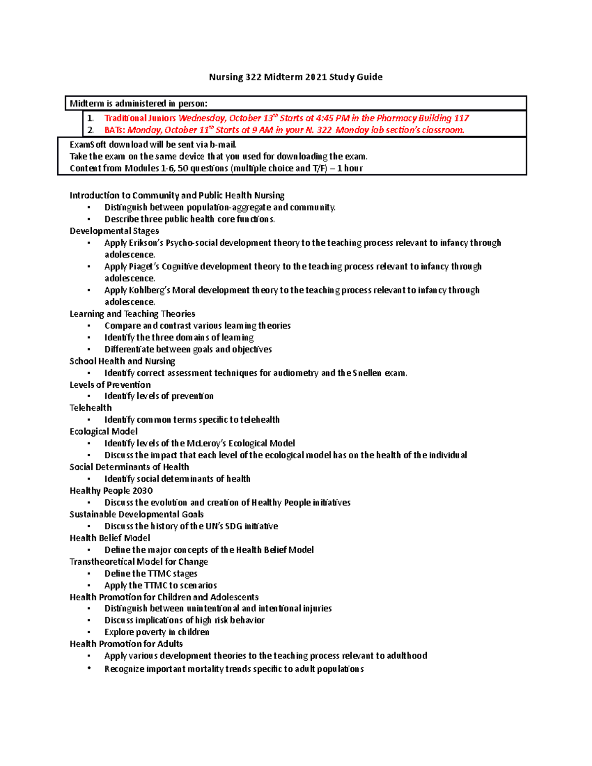 Midterm 2021 Study Guide - Nursing 322 Midterm 2021 Study Guide Midterm is administered in ...