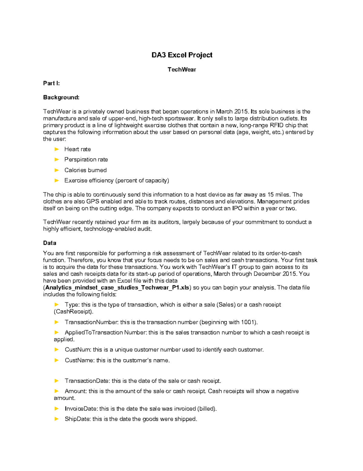 DA3 Excel Project- Part 1 - DA3 Excel Project TechWear Part I ...