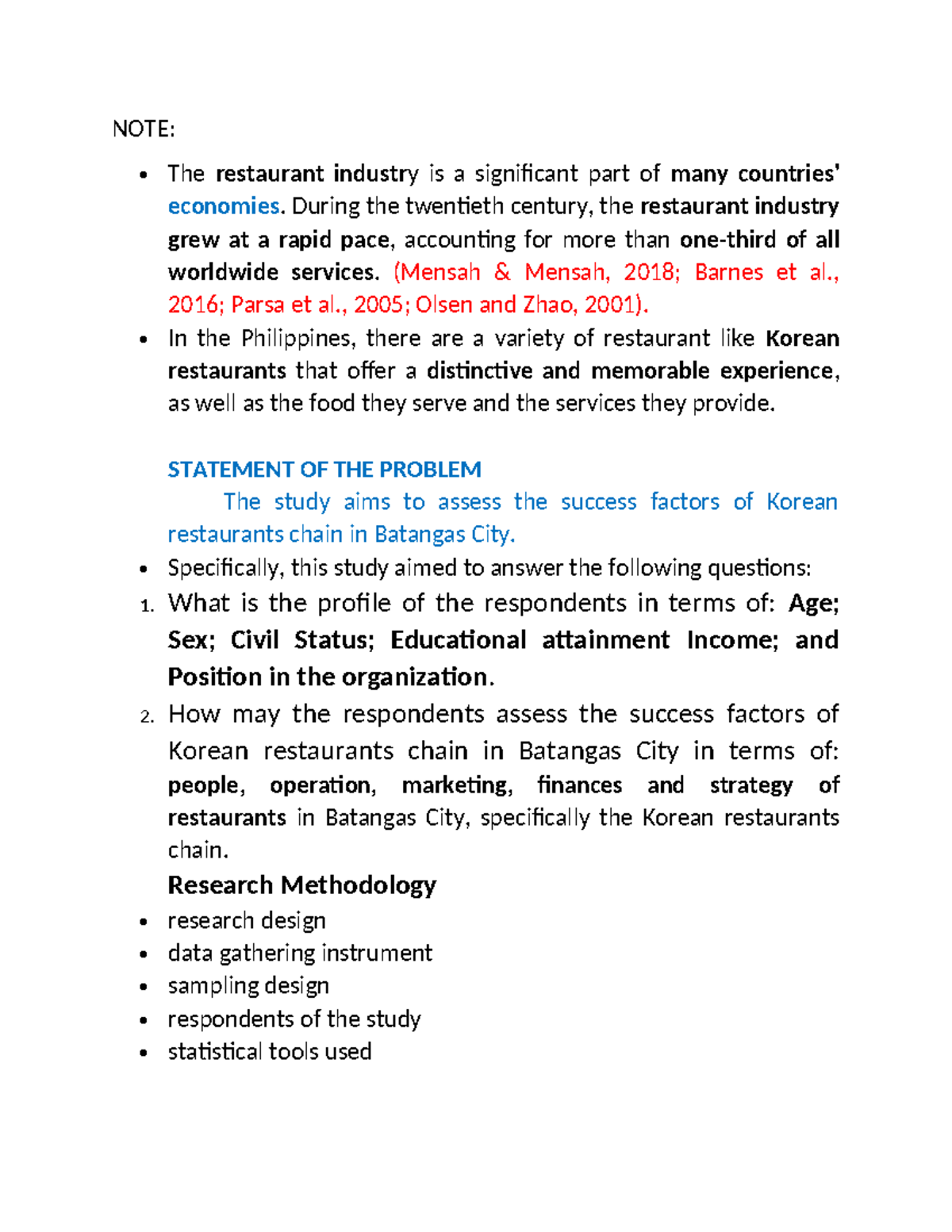 NOTE - Hospitality Notes - NOTE: The restaurant industry is a ...