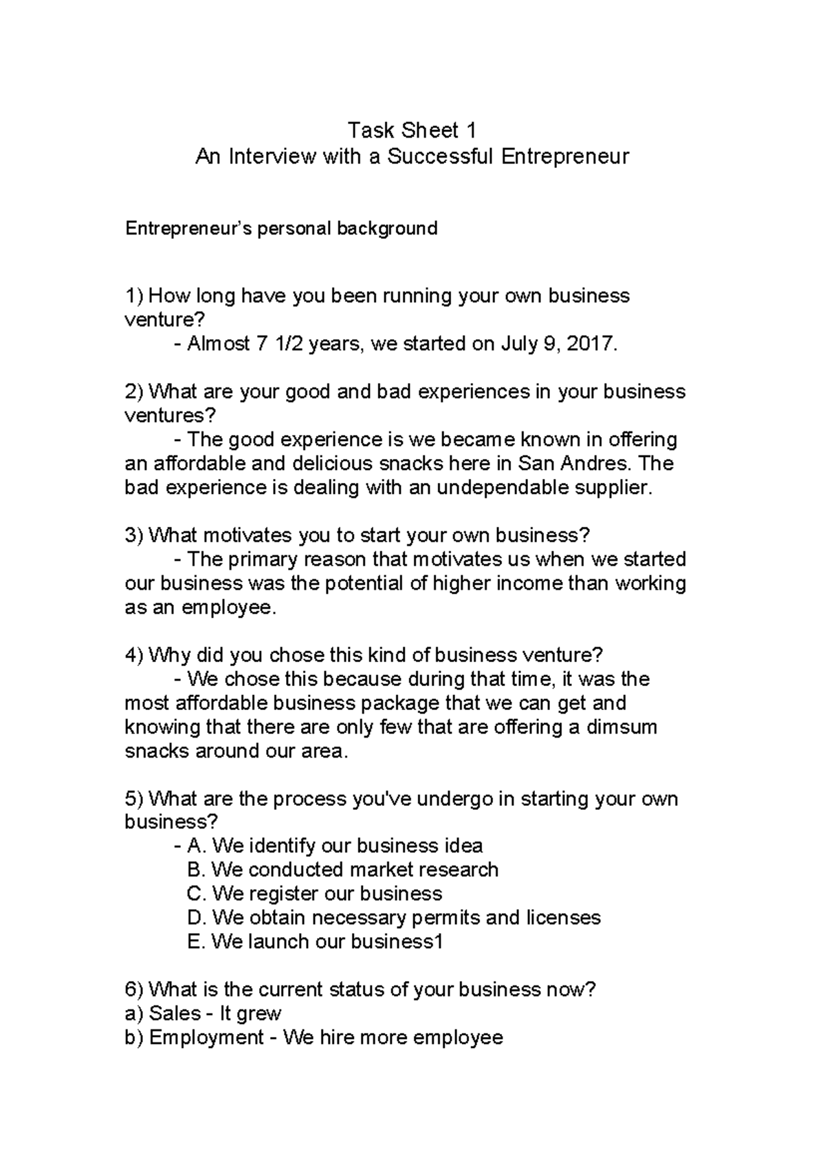 Entrep Interview - Task Sheet 1 An Interview with a Successful ...