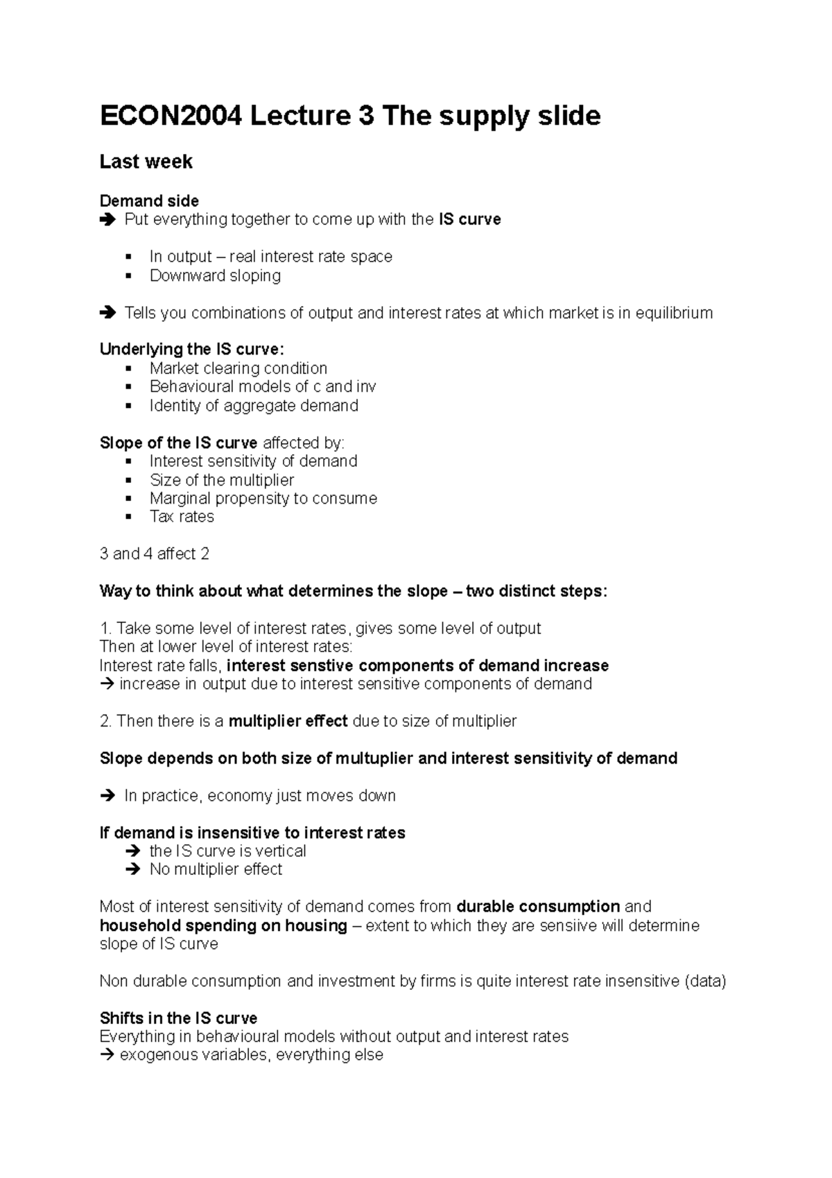 ECON2004 Term 1 Lecture 3 - ECON2004 Lecture 3 The supply slide Last week Demand side Put - Studocu