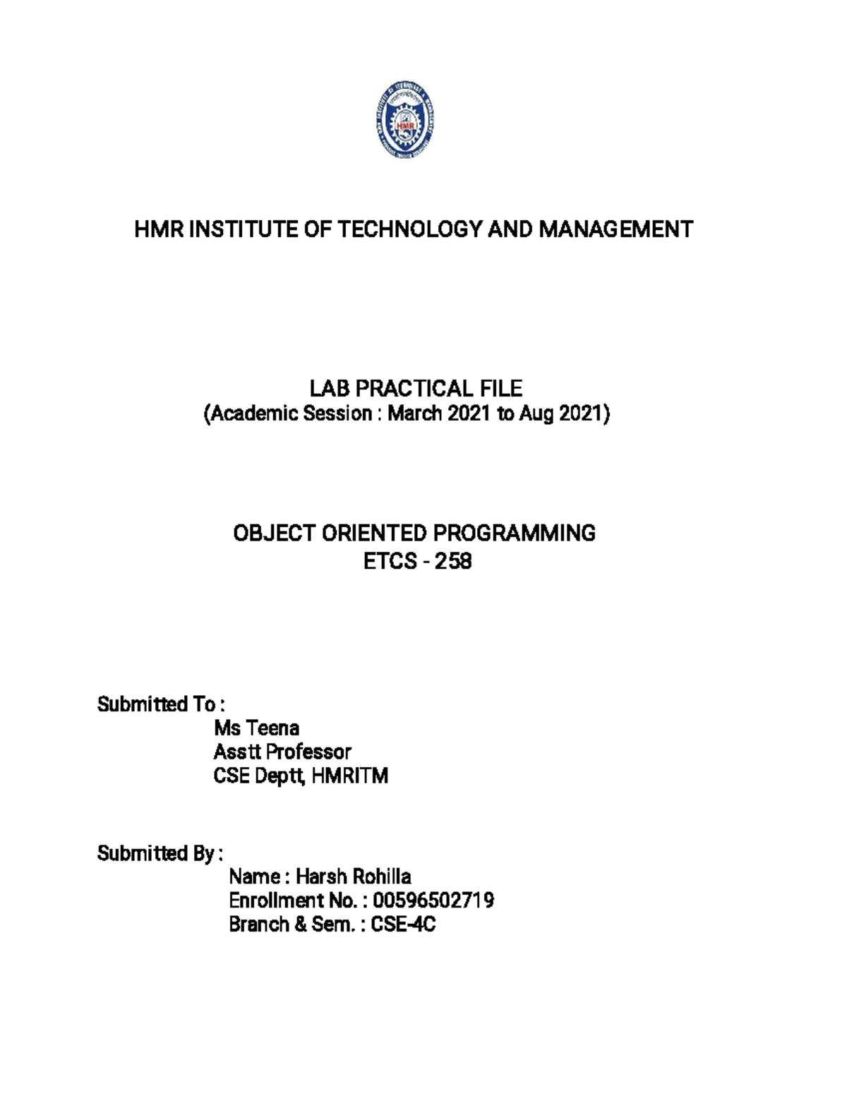 Oops complete prac file-1 - HMR INSTITUTE OF TECHNOLOGY AND MANAGEMENT LAB PRACTICAL FILE ...