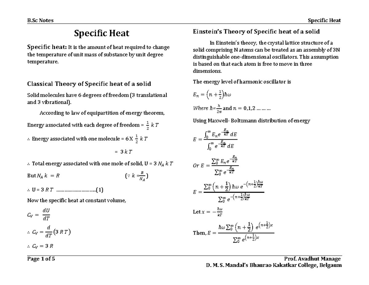 BSc Sem VI Physics Specific Heat - Page 1 of 5 Prof. Avadhut Manage Specific Heat Specific heat ...