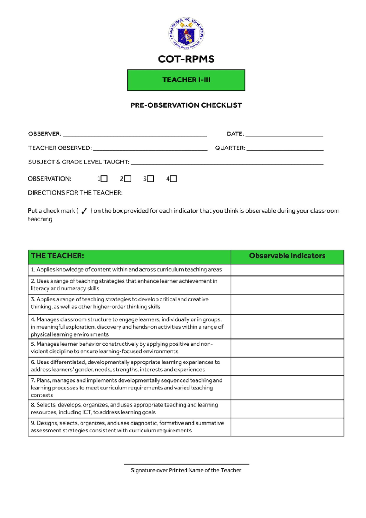 Cot forms pre observation - CHECKLIST OBSERVER: DATE: TEACHER OBSERVED ...