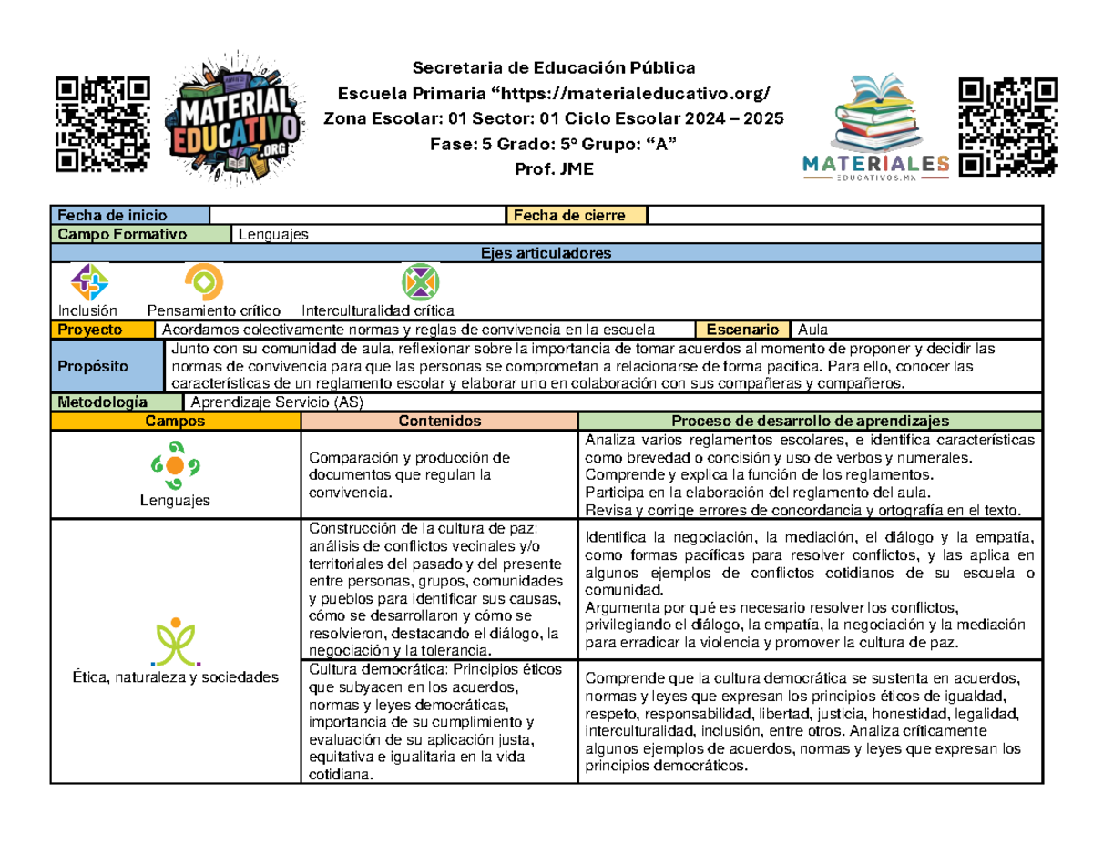 5to Grado Proyecto Semana 5 Acordamos Colectivamente Normas y Reglas - Fecha de inicio Fecha de ...
