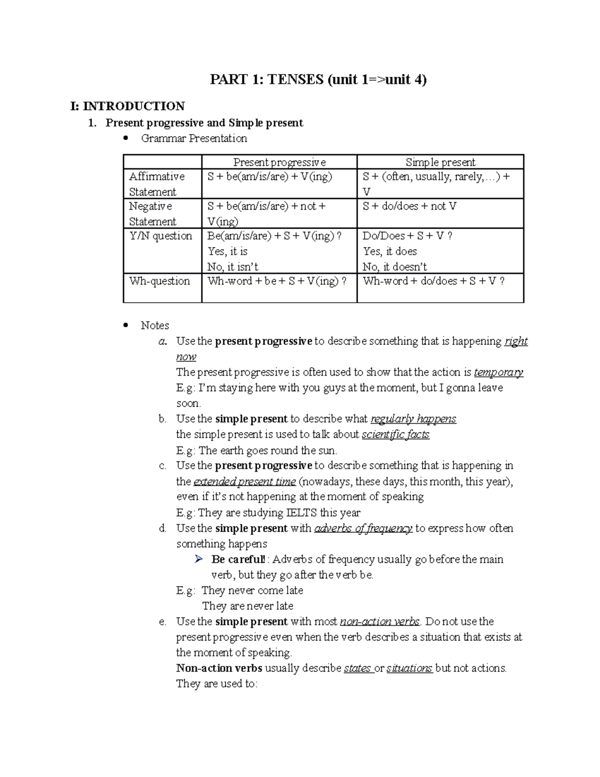Tenses - rêtrter - PART 1: TENSES (unit 1=>unit 4) I: INTRODUCTION 1 ...