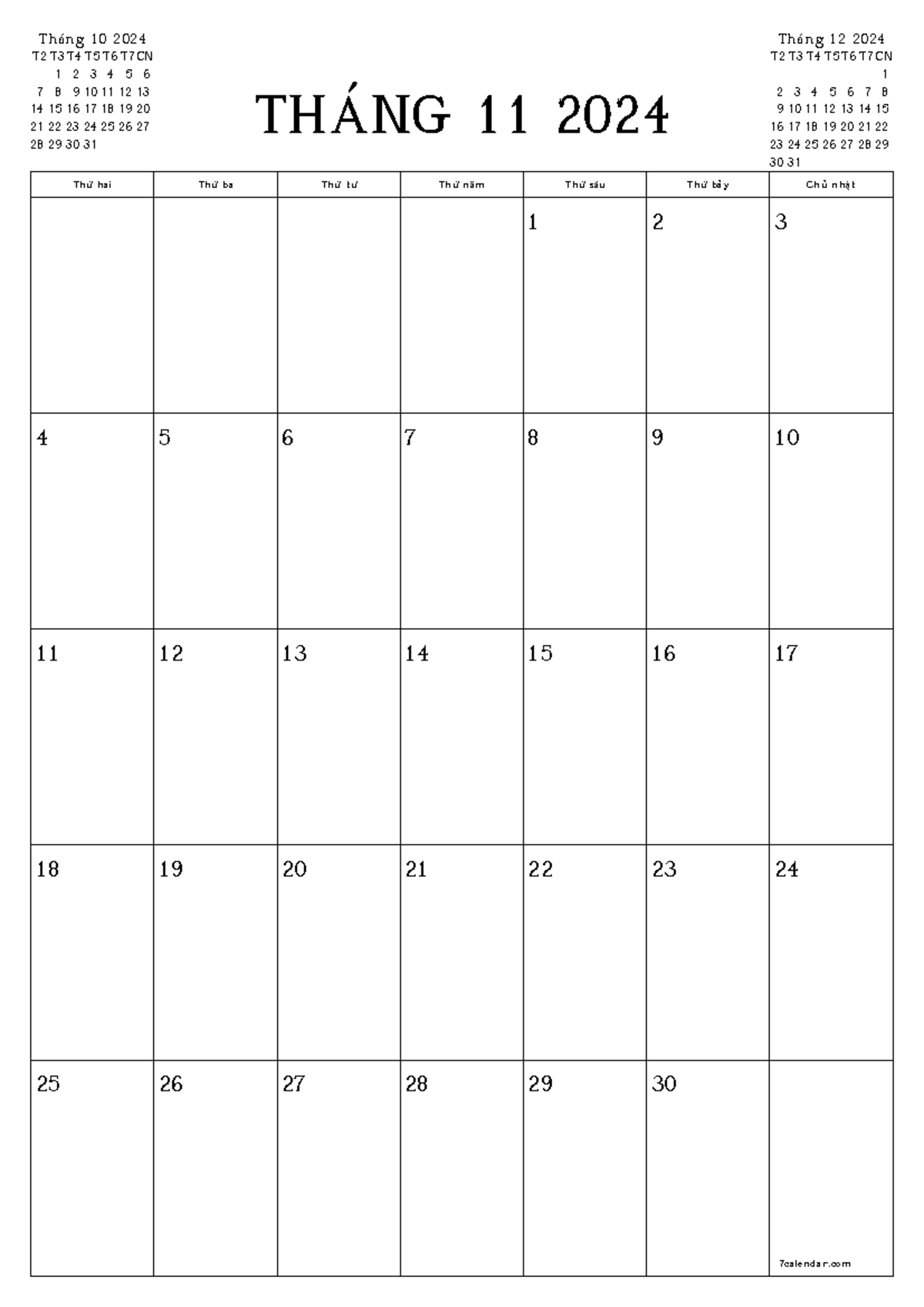 Calendar 11 2024 p a4 7calendar - lich su dak - T2 T3 T4 T5 T6 T7 CN ...