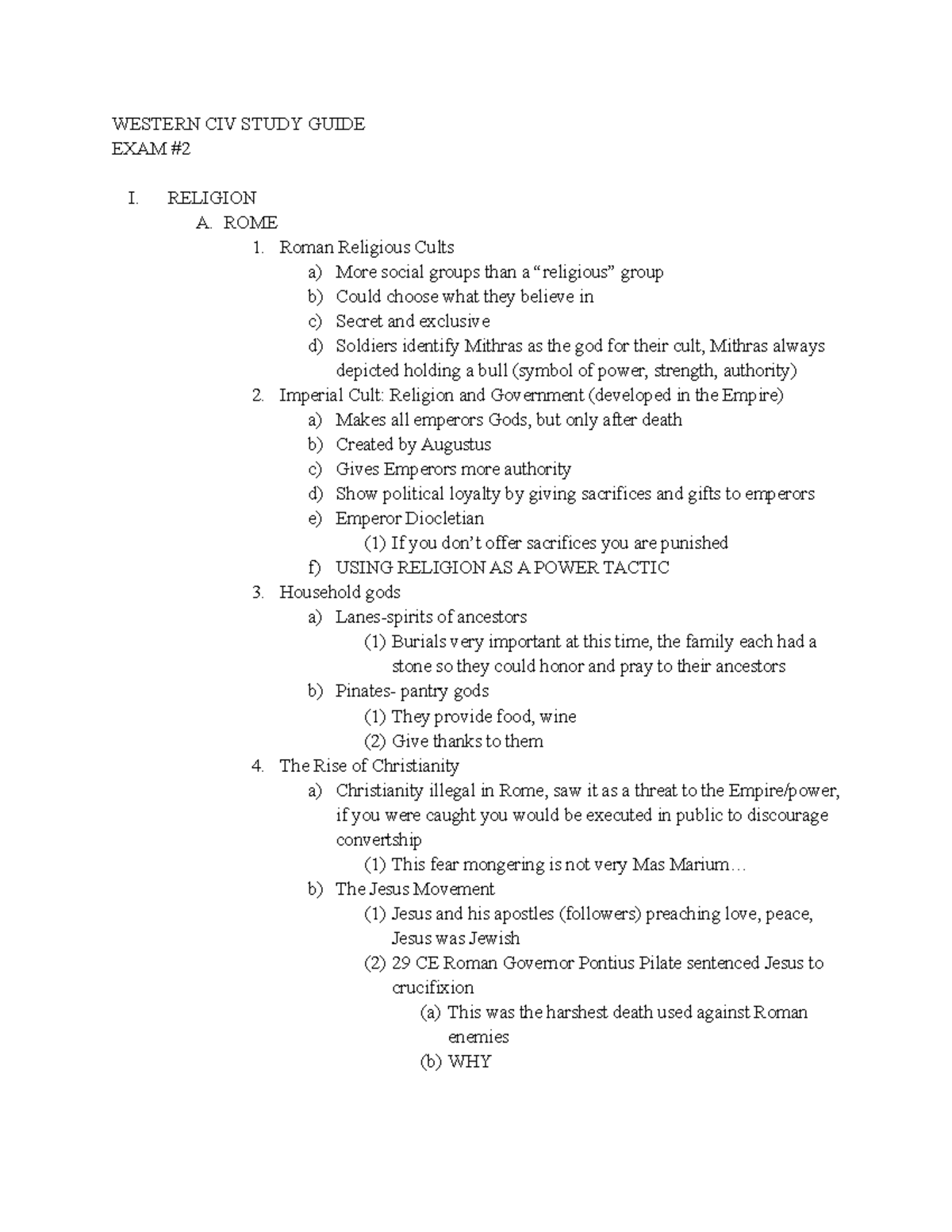 Western CIV Study Guide - WESTERN CIV STUDY GUIDE EXAM I. RELIGION A ...