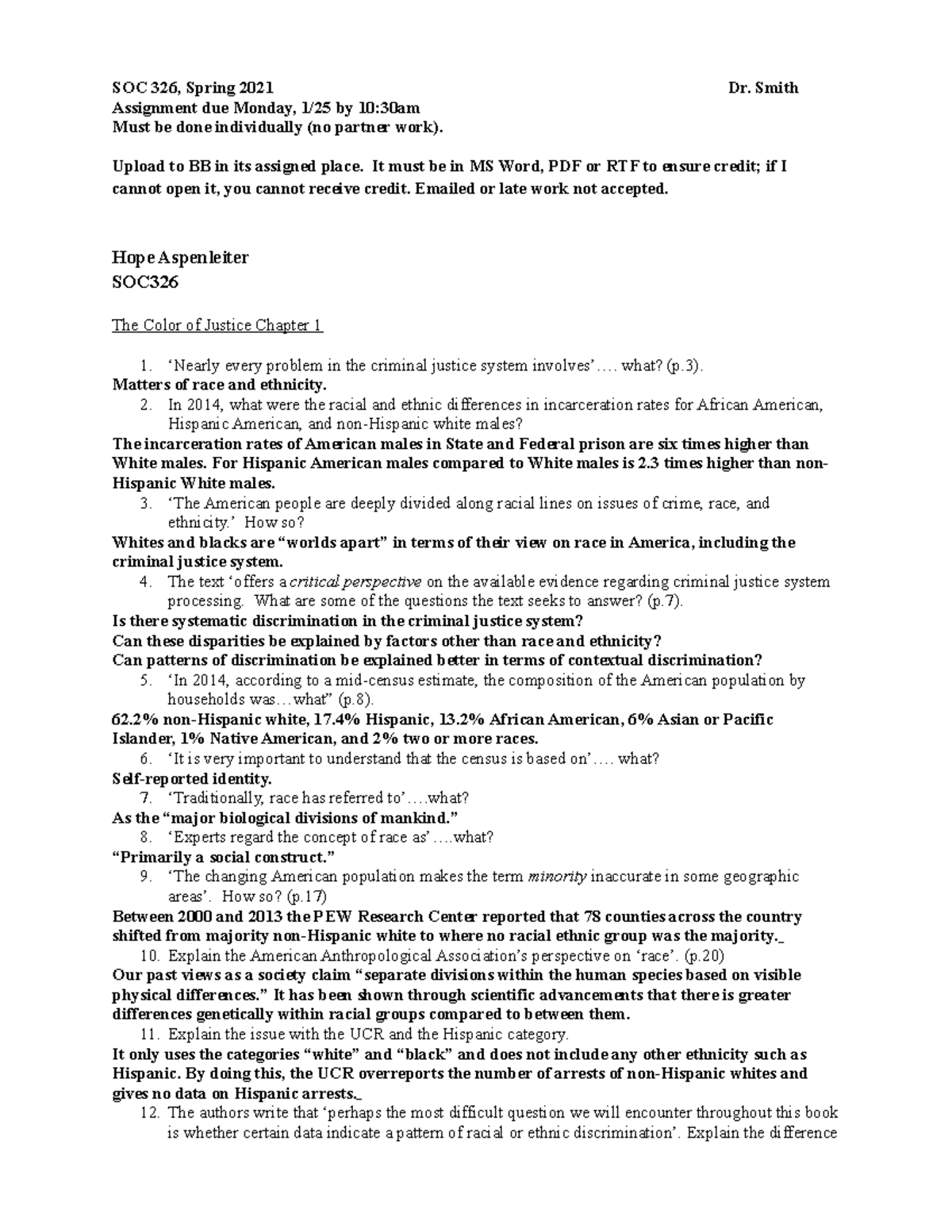 Color of Justice, Chapter 1 - SOC 326, Spring 2021 Dr. Smith Assignment ...