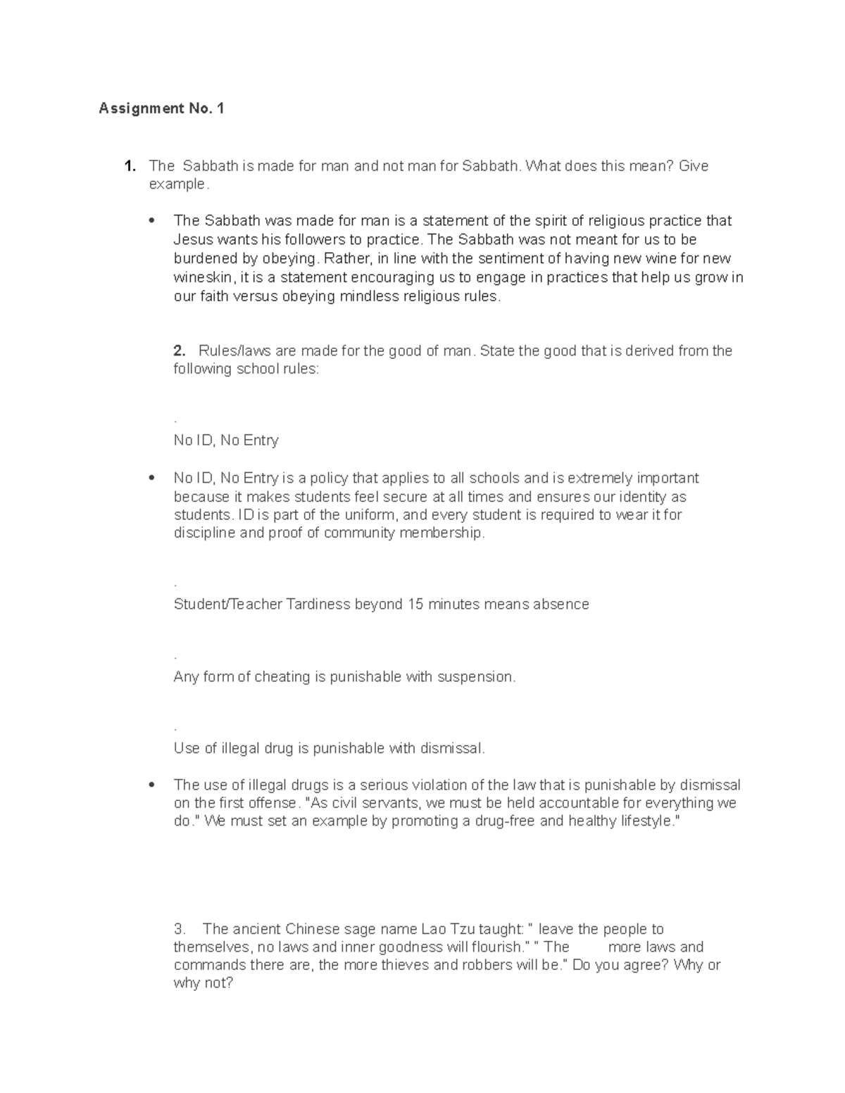 Assignment No1 - activity about sabbath - Assignment No. 1 1. The ...