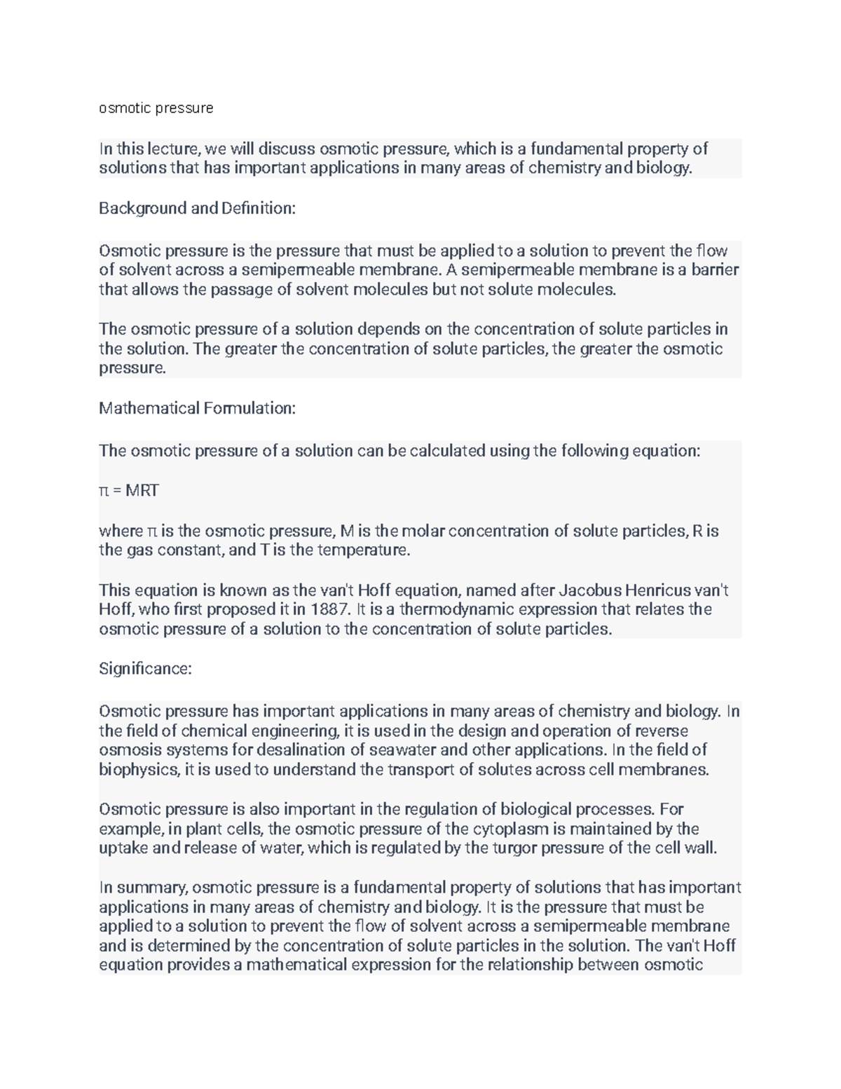 Osmotic pressure - Background and Definition: Osmotic pressure is the ...