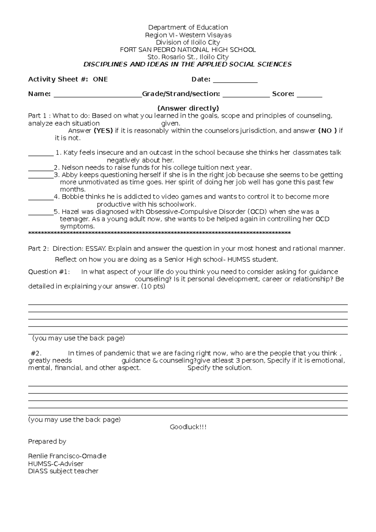 Diass Activity Sheet1 Department Of Education Region Vi Western Visayas Division Of Iloilo