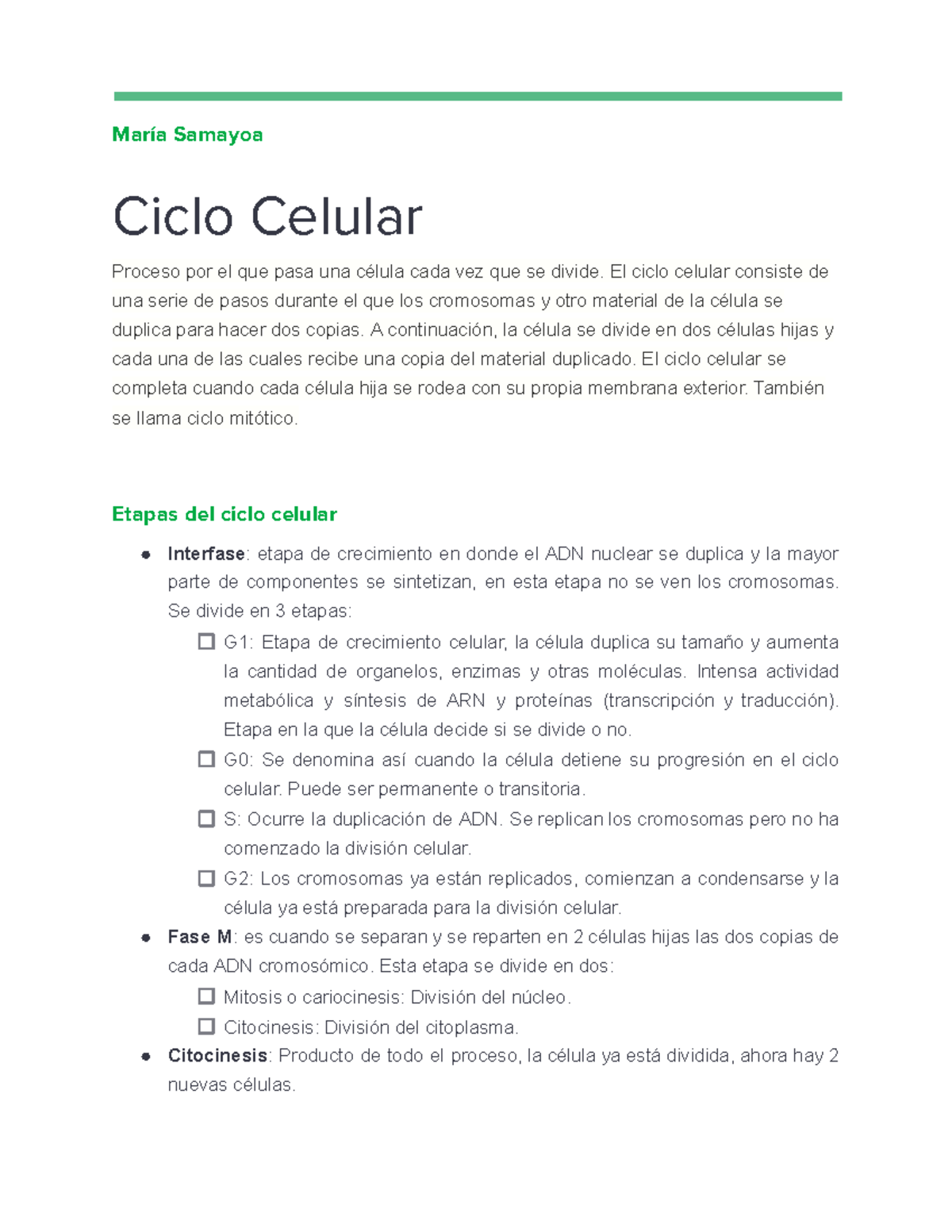 Ciclo celular - María Samayoa Ciclo Celular Proceso por el que pasa una ...