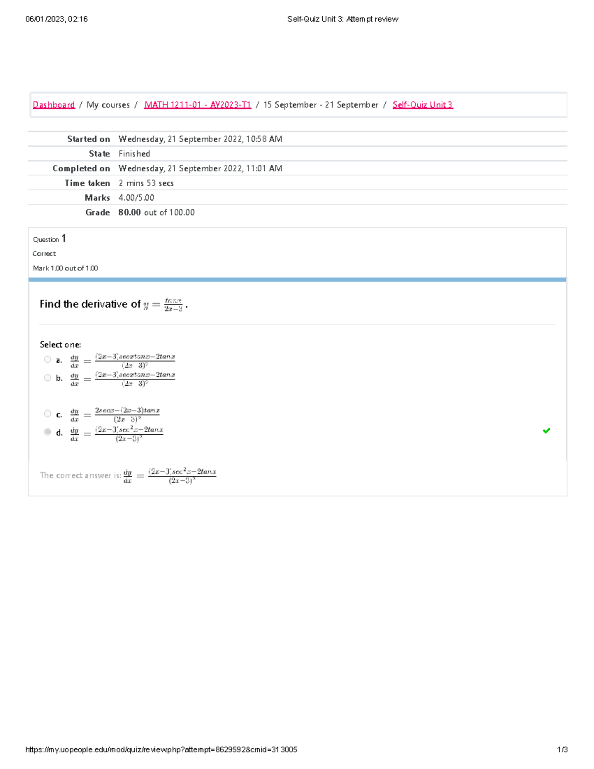 Calculus Self-Quiz Unit 3 Attempt review - 06/01/2023, 02:16 Self-Quiz Unit 3: Attempt review ...