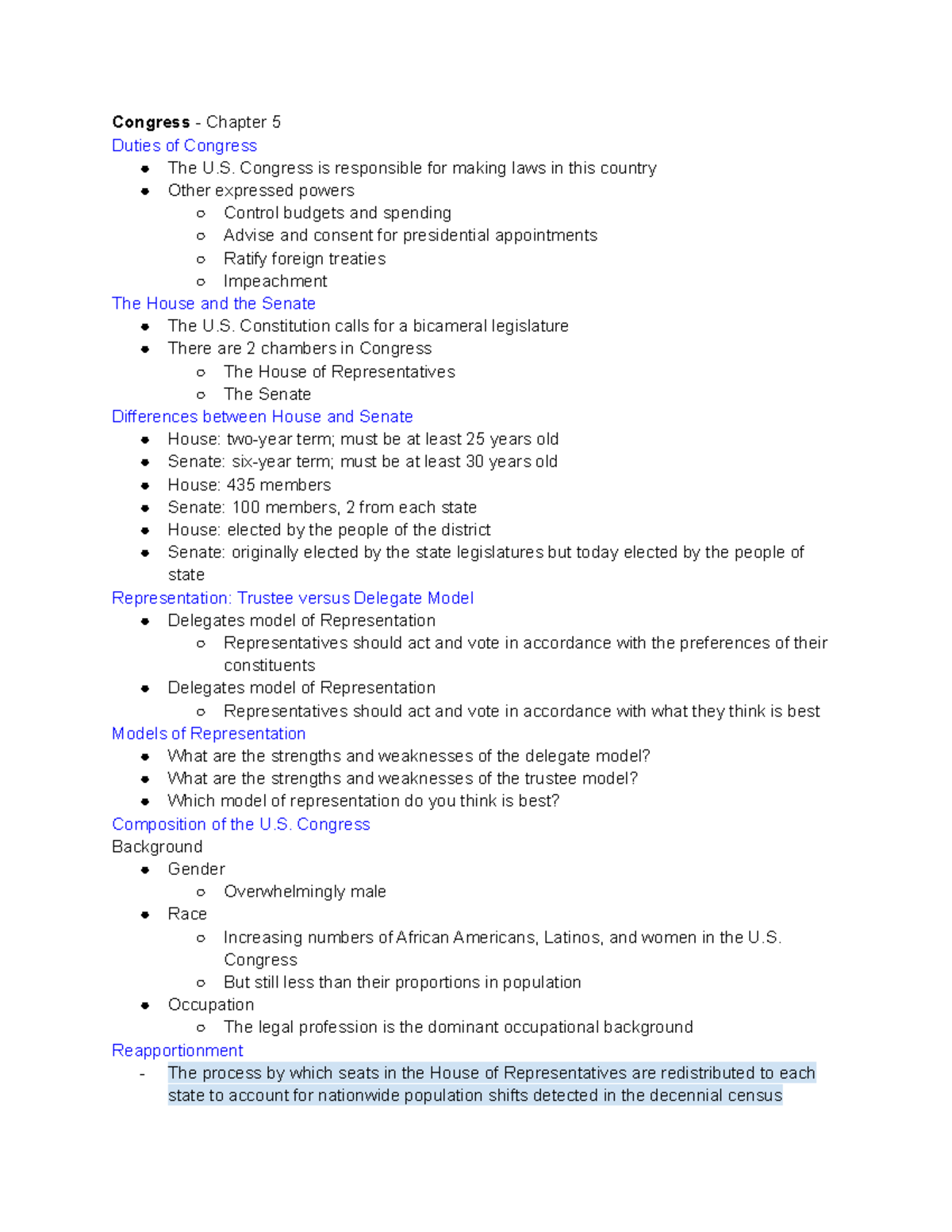PSCI 2306 Ch 5 Notes - Congress - Chapter 5 Duties of Congress The U ...