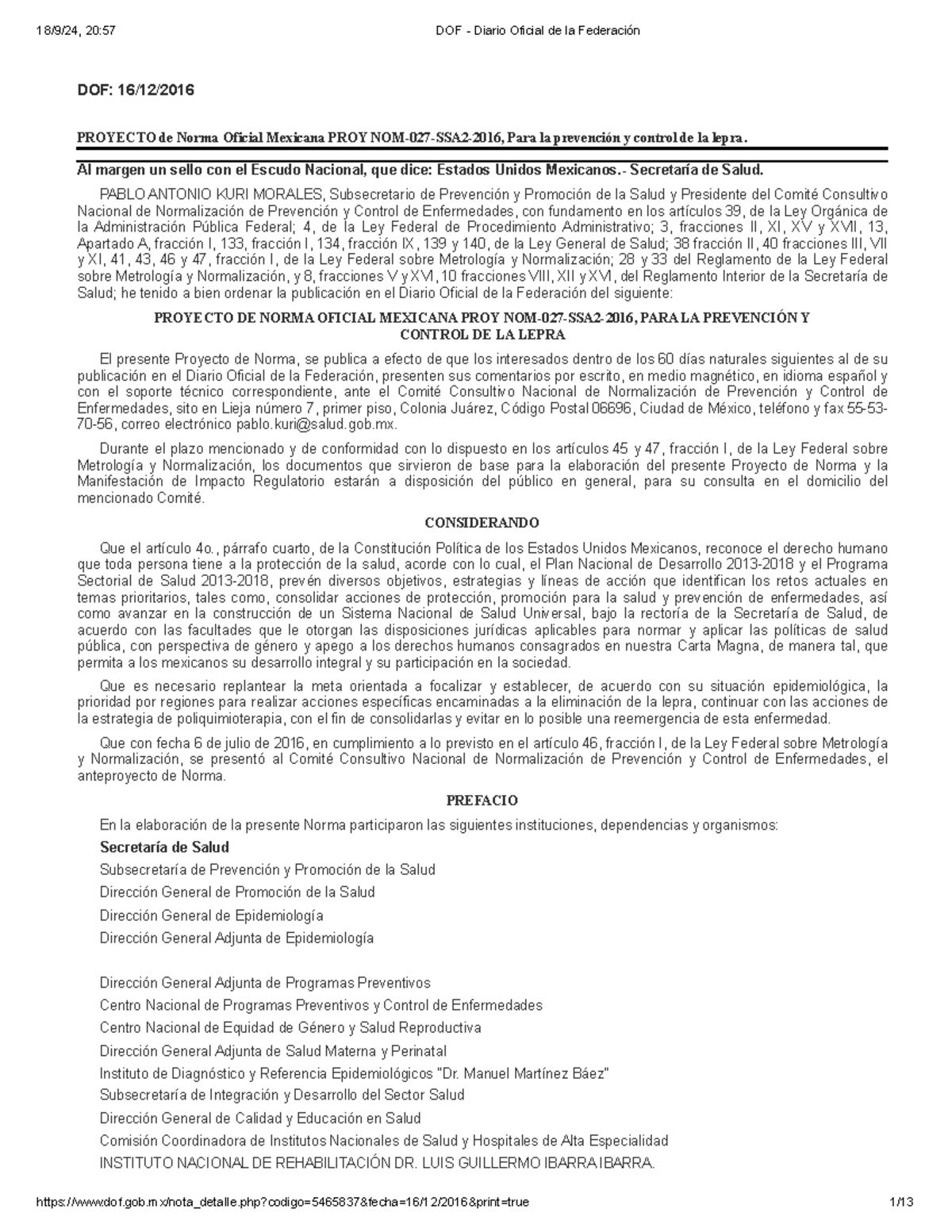 DOF - Diario Oficial de la Federación - DOF: 16/12/ PROYECTO de Norma ...