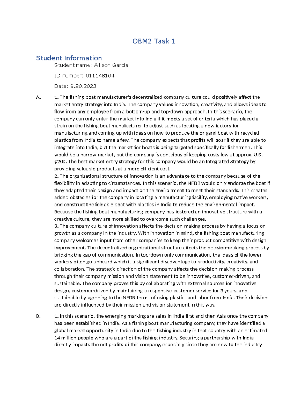 QBM2 Task 1 - QBM2 Task 1 Student Information Student name: Allison ...