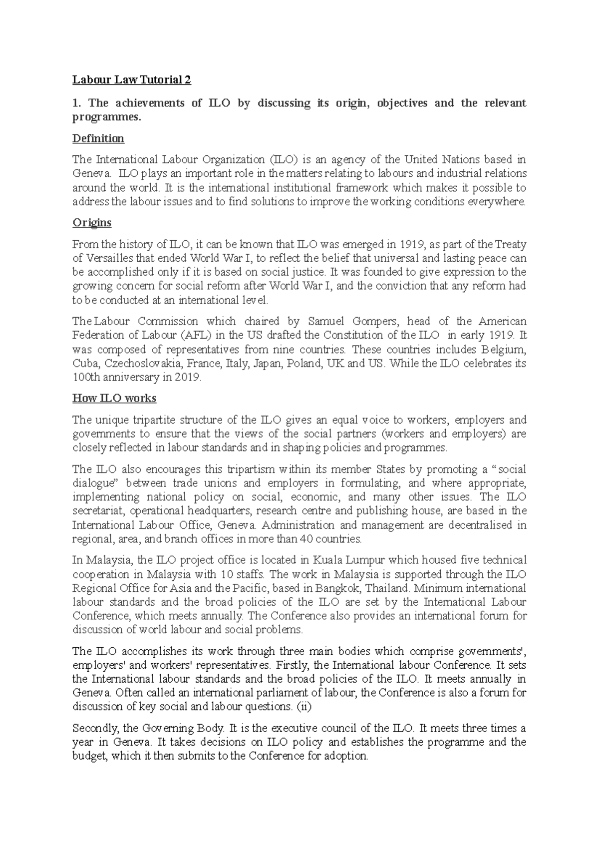 Labour Law Tutorial 2 - The achievements of ILO by discussing its ...