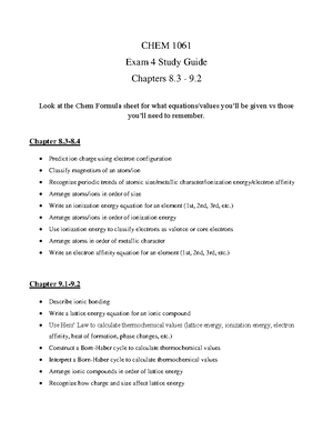 Exam 2 Study Guide - CHEM 1061 Exam 2 Study Guide Chapters 5- Look at ...