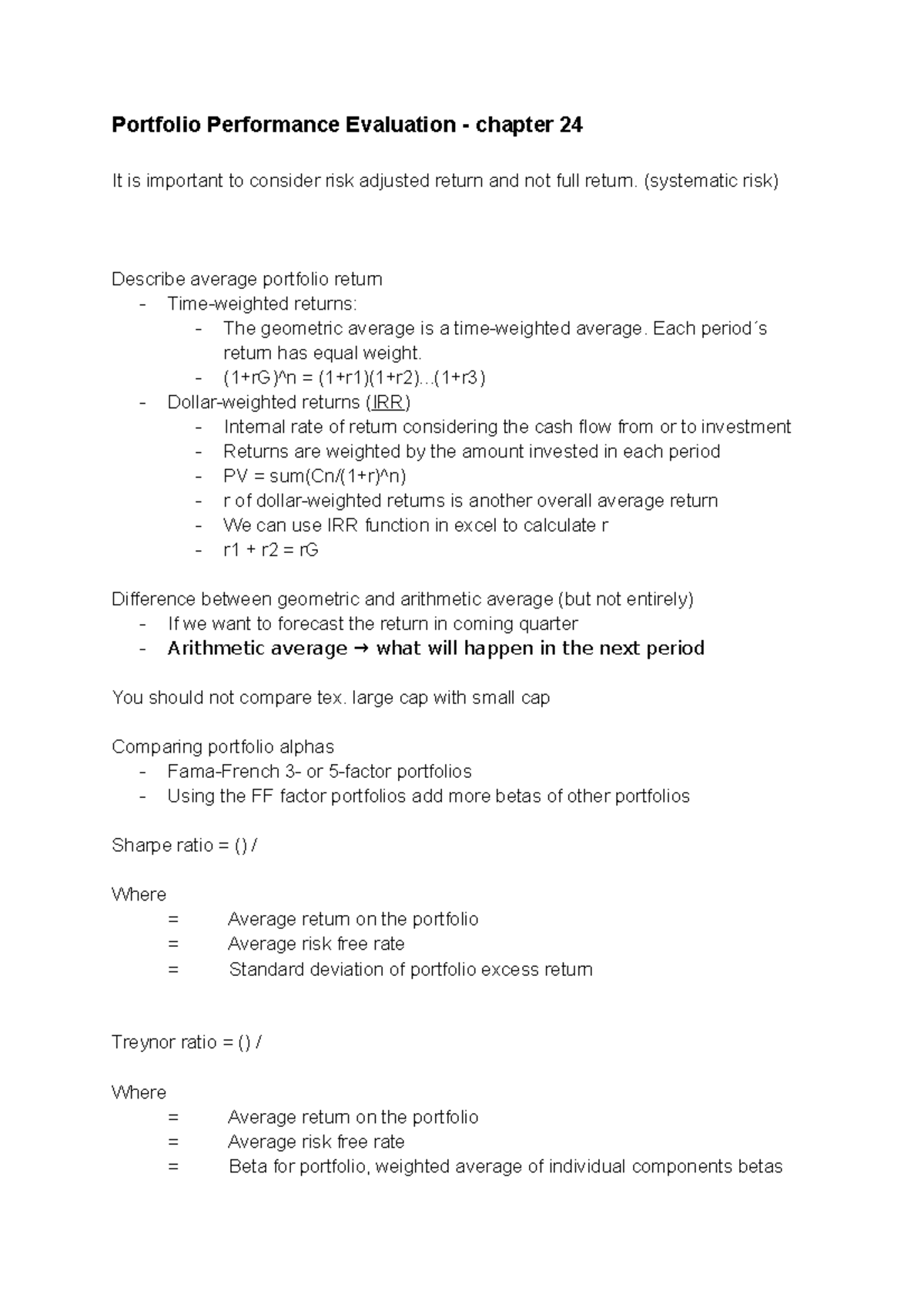 Portfolio Performance Evaluation - (systematic risk) Describe average ...