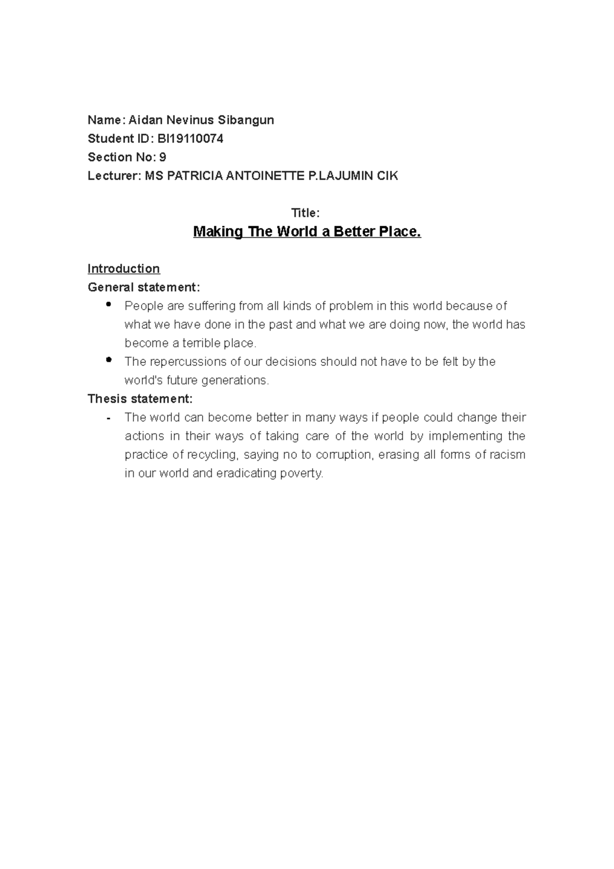 BI19110074 EOutline - outline on essay - Name: Aidan Nevinus Sibangun ...