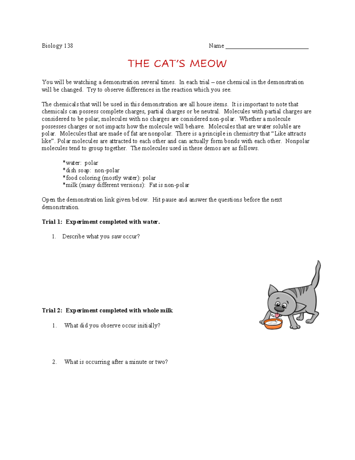 Cats Meow documentation analysis - Biology 138 Name ...