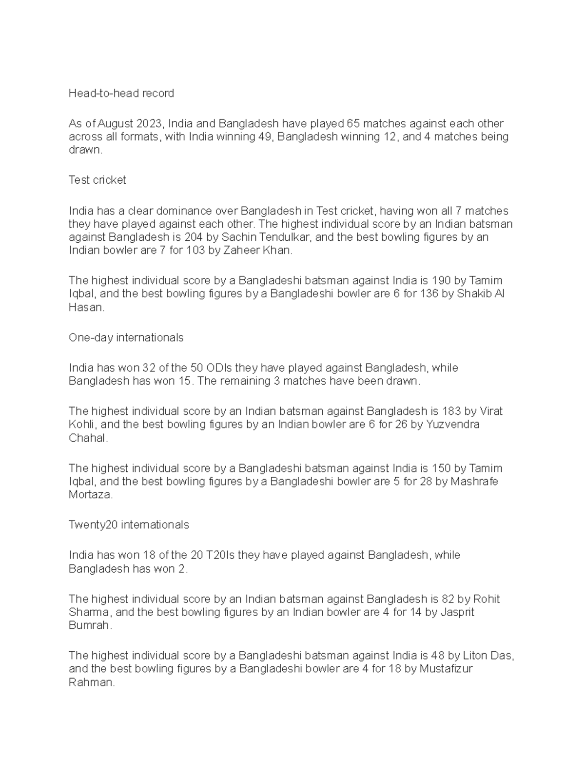 BD vs IND - Essay - Head-to-head record As of August 2023, India and ...