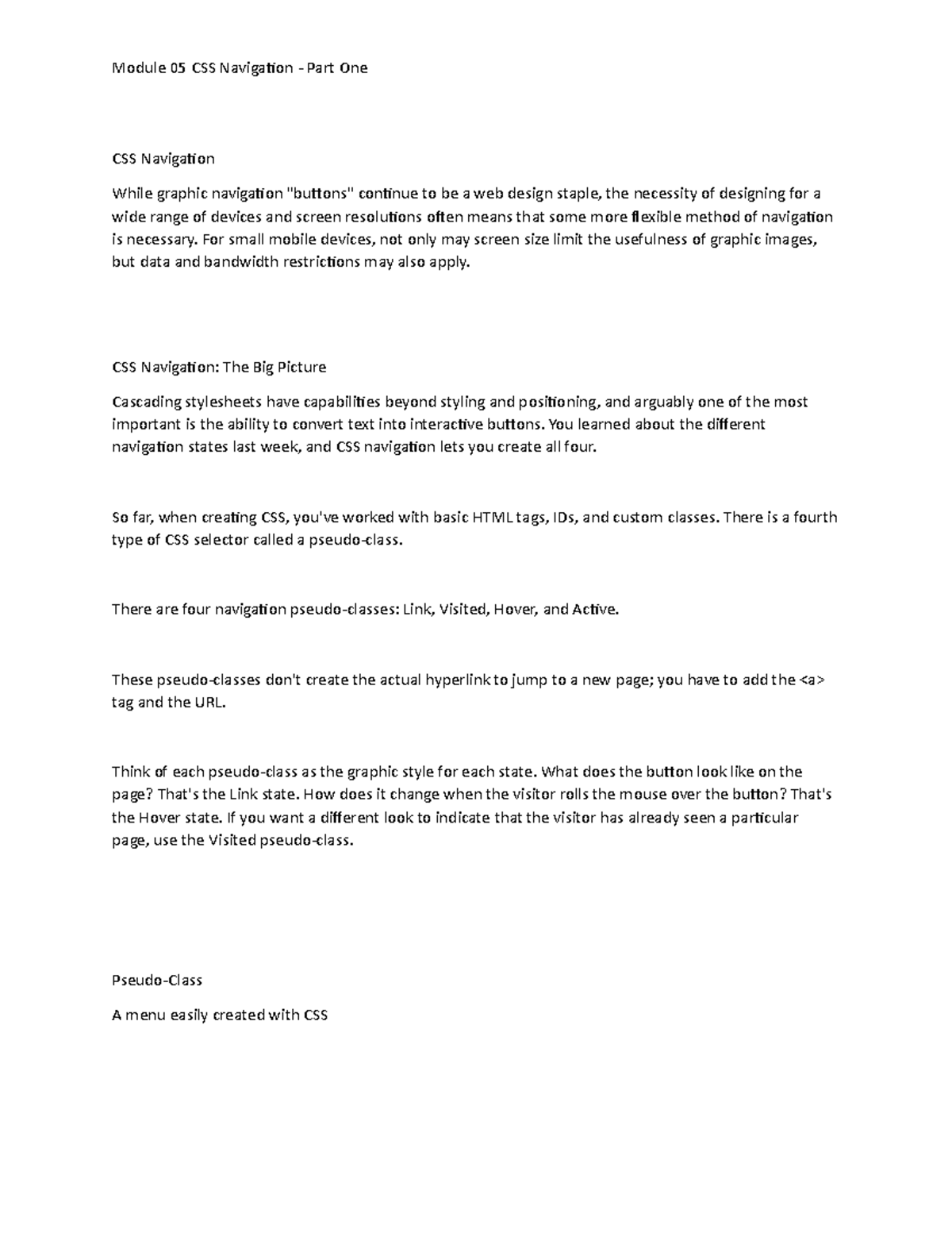 Module 05 CSS Navigation - Part One - CSS Navigation While graphic ...