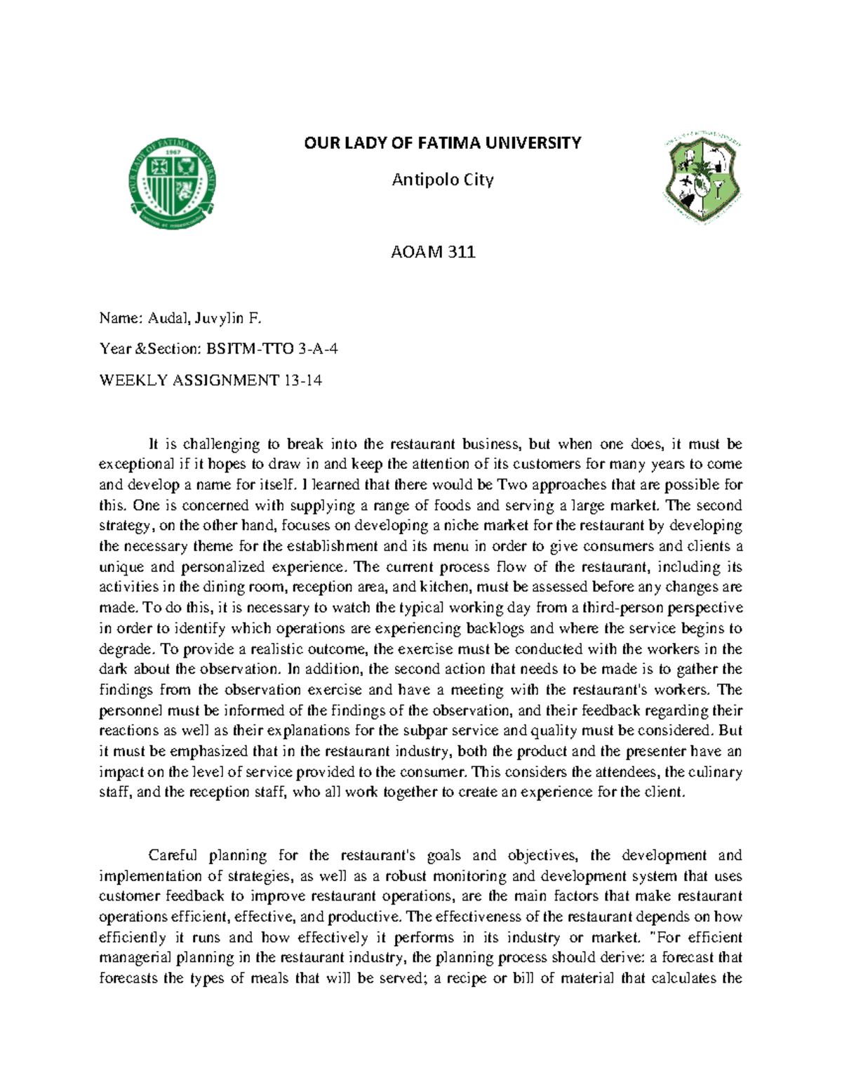 AOA Weekly Review Assignment 13-14 - OUR LADY OF FATIMA UNIVERSITY Antipolo City AOAM 311 Name ...