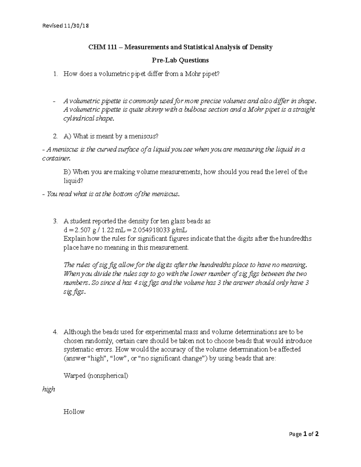 Prelab - CHM 111 Measurements and Statistical Analysis of Density-1 ...