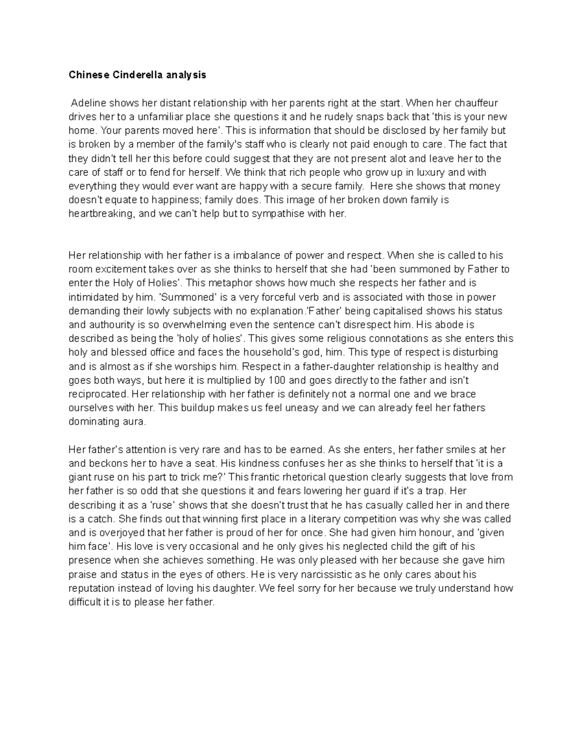 Chinese Cinderella PETER paragraph essay on distant relationship with ...